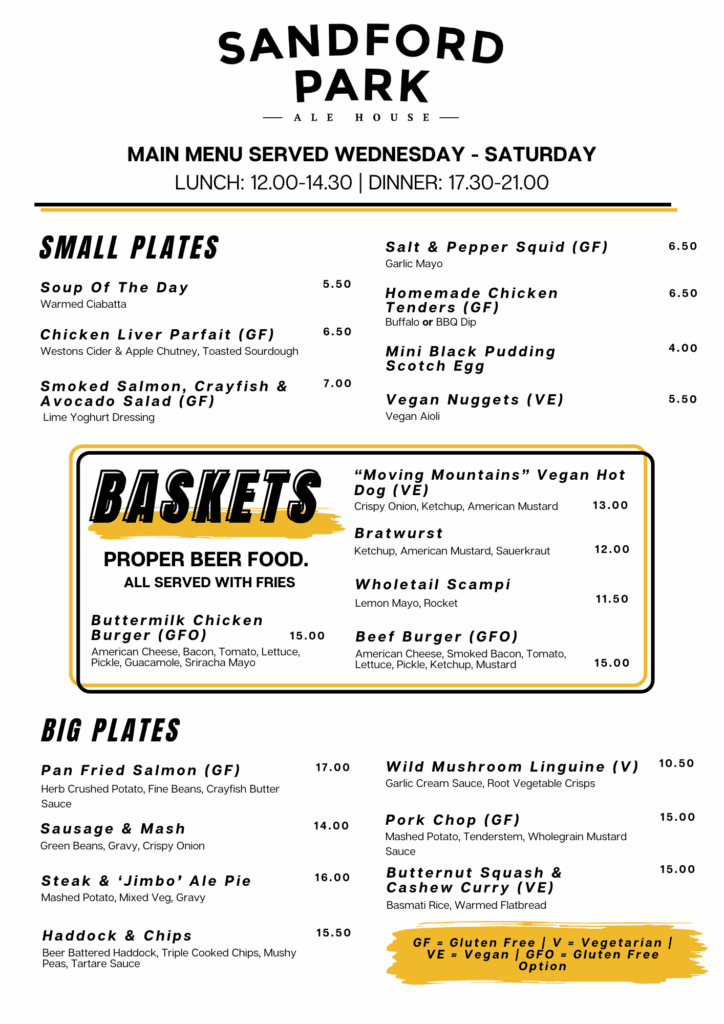Food Menu - Sandford Park Ale House